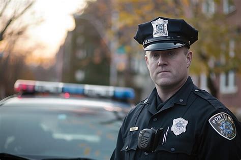 Premium Photo Police Officer In Uniform Standing By Patrol Car