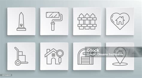 세트 라인 핸드 트럭과 상자 페인트 롤러 브러시 검색 집 달러 기호창고 지도 포인터 정원 울타리 나무 집 심장 모양과 워싱턴 기념물 아이콘 벡터 가리키기에 대한 스톡 벡터