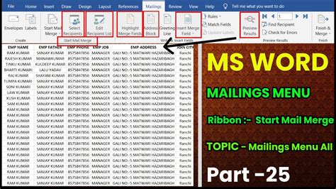 Start Mail Merge Ribbon In Ms Word Mailings Menu In Ms Word Msword Youtube