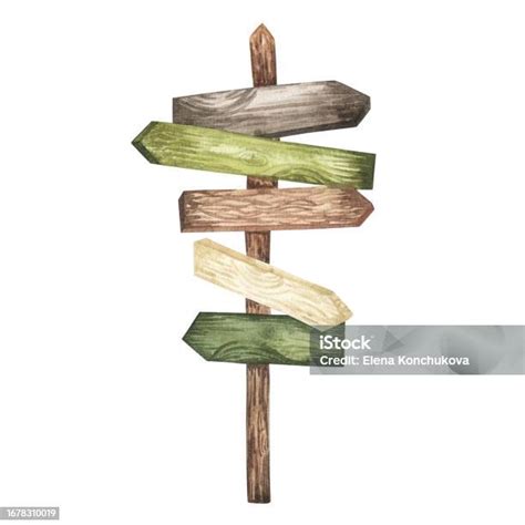 관광 루트에 있는 나무 푯말은 수채화 손으로 그렸습니다 여름 캠프 등산로로 가는 표지판 이정표 화살표 분리된 그림 스케치 0명에 대한 스톡 벡터 아트 및 기타 이미지