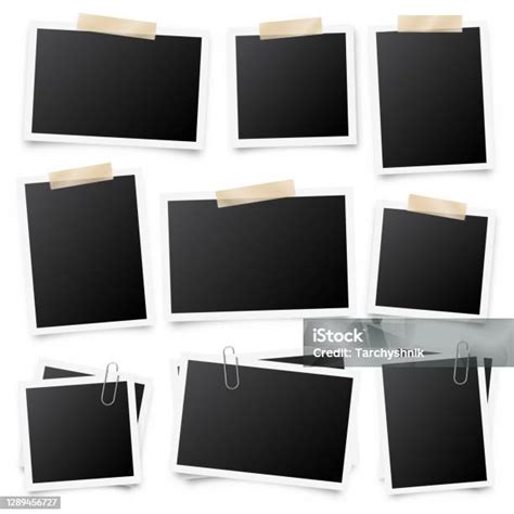 사실적인 빈 사진 카드 프레임 필름 세트 접착제 테이프와 그림자 복고풍 빈티지 사진 디지털 스냅샷 이미지 사진 예술 디자인에 대한 템플릿 또는 모형 벡터 일러스트레이션 검은