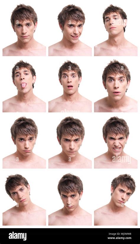 Young Man Face Expressions Composite Isolated On White Background Stock