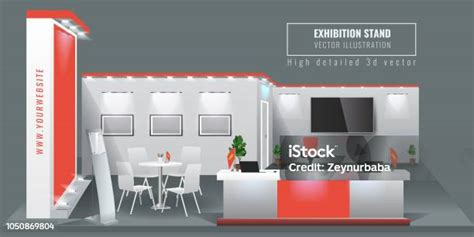 그랜드 전시 스탠드 디스플레이를 모의입니다 높은 세부 3d 벡터 일러스트 레이 션 부스에 대한 스톡 벡터 아트 및 기타 이미지 부스 의자 탁자 Istock