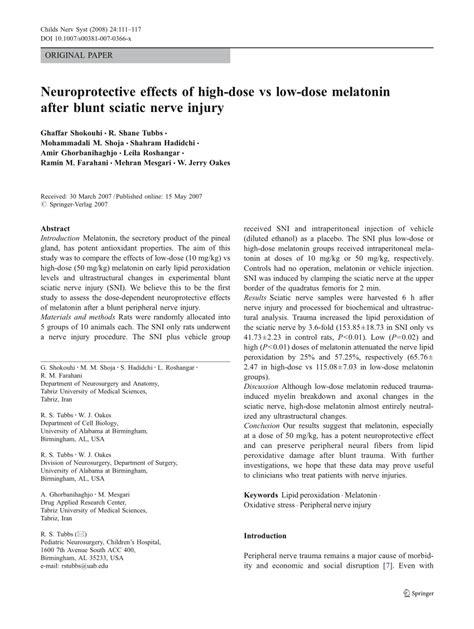 Pdf Neuroprotective Effects Of High Dose Vs Low Dose Melatonin After