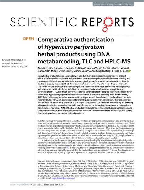 Pdf Comparative Authentication Of Hypericum Perforatum Herbal Products Using Dna Metabarcoding