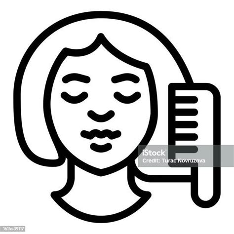 헤어브러시와 소녀 얼굴 라인 아이콘 메이크업 루틴 개념 흰색 배경에 빗 기호로 머리를 빗는 여성 관리 아이콘 개요 스타일을 하는 소녀 벡터 그래픽 건강관리와 의술에 대한