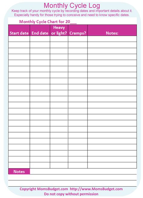 Monthly Menstrual Period Cycle Log Printable Moms Budget