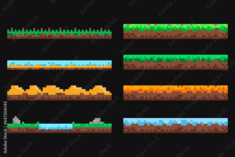 A Set Of Pixelated Seamless Game Background And Landscape Elements Lake Flowers Trees To