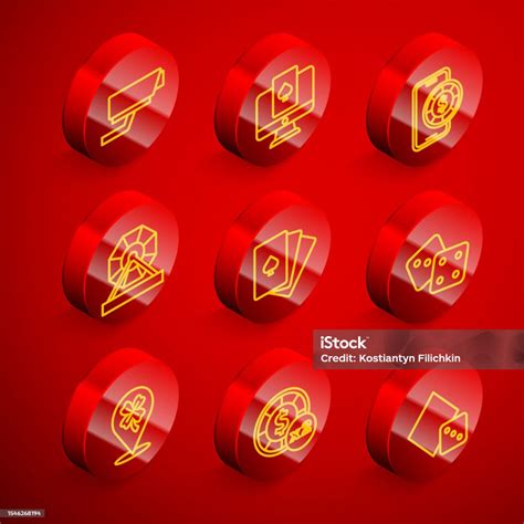 세트 라인 보안 카메라 온라인 포커 테이블 게임 복권 기계 카드 놀이 데크 게임 주사위 클로버 및 칩 아이콘이 있는 카지노 슬롯 벡터 3차원 형태에 대한 스톡 벡터 아트 및