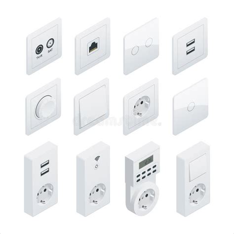 Isometric Switches And Sockets Set All Types Stock Vector Illustration Of Mains Electricity