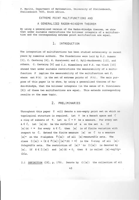 Pdf Extreme Point Multifunctions And A Generalized Radon Nikodym Theorem