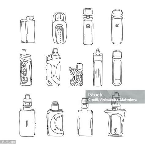 전자 담배 Vape Vape 도구 벡터 세트 선형 스타일로 손으로 그린 다양한 유형의 전자 담배 광고 브로셔 배너 및 포스터를