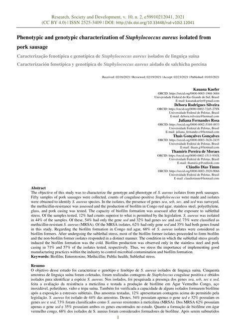 Pdf Phenotypic And Genotypic Characterization Of Staphylococcus Aureus Isolated From Pork Sausage
