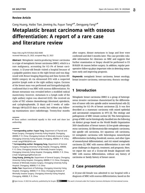 Pdf Metaplastic Breast Carcinoma With Osseous Differentiation A