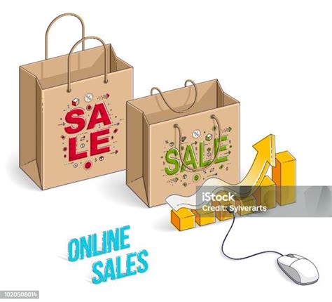 온라인 상점 개념 웹 스토어 인터넷 판매 Pc 마우스와 성장 차트 흰색 절연 쇼핑백 3 차원 Isometric 비즈니스 및 금융