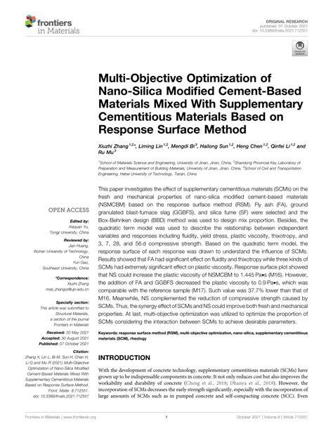 PDF Multi Objective Optimization Of Nano Silica Modified Cement Based Materials Mixed With