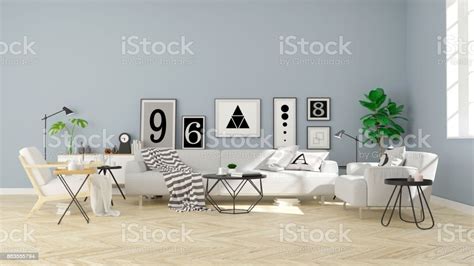 현대 스 칸디 나 비아 스타일 거실 인테리어 컨셉 디자인 나무 마루 바닥과 푸른 벽 3d에 회색 소파 렌더링 가구에 대한 스톡 사진 및 기타 이미지 Istock