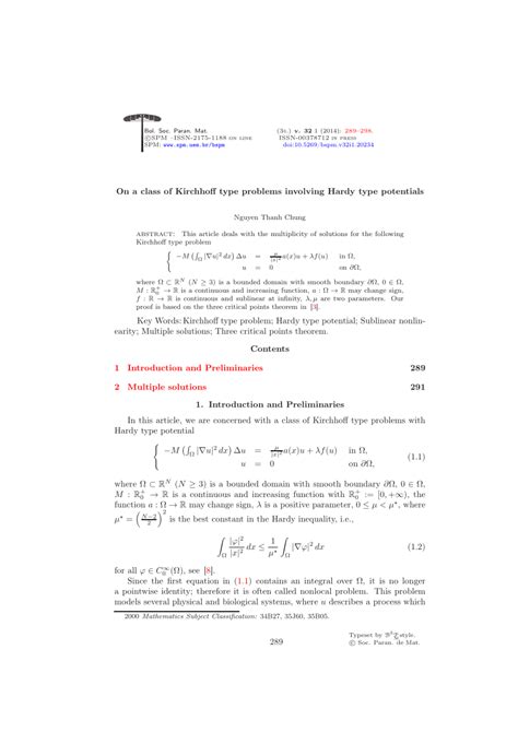 Pdf On A Class Of Kirchhoff Type Problems Involving Hardy Type Potentials
