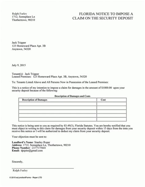 Landlord Return Security Deposit Letter Sample