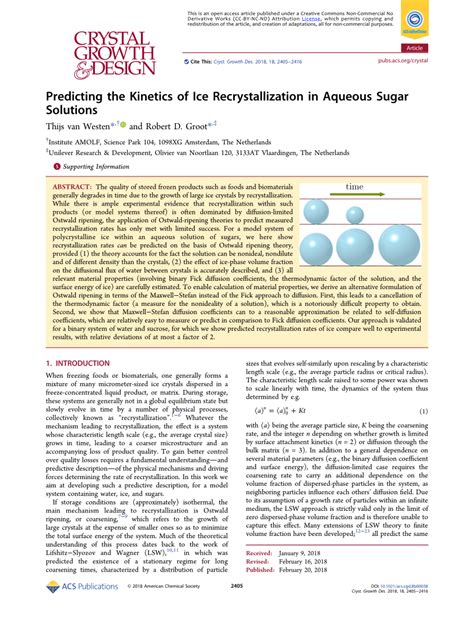 Pdf Predicting The Kinetics Of Ice Recrystallization In Aqueous Sugar Solutions