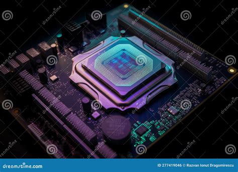 Highly Advanced Microchip Processor With A Series Of Blue And Purple Lights Illuminating Its