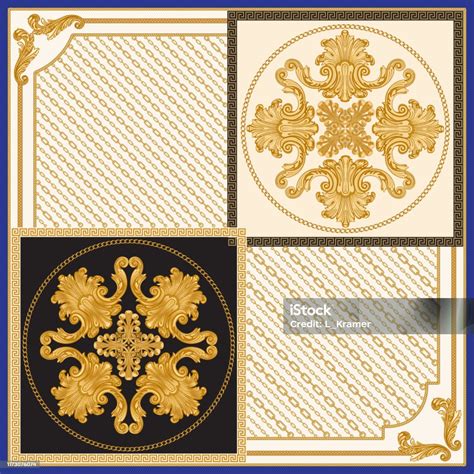 골드 체인 패턴 벡터 숄 인쇄 그리스 어 사행 어두운 파란색 배경에 바로크 판타지 스크롤 스카프 실크 반다나 손수건 직물 패치