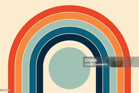 둥근 색상 줄무늬가 있는 복고풍 70년대 스타일 배경 1970년대 히피 레트로 스타일의 무지개 그루비 물결 모양 디자인 추상 배경 1970 1979 년에 대한 스톡 벡터