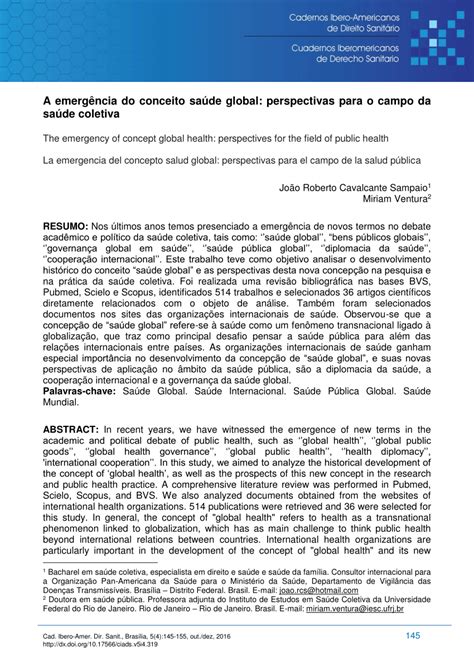Pdf A Emergência Do Conceito Saúde Global Perspectivas Para O Campo
