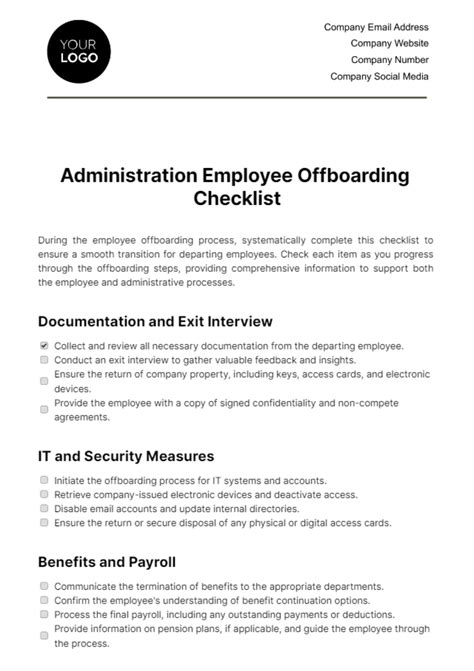 Free Administration Employee Offboarding Checklist Template To Edit Online