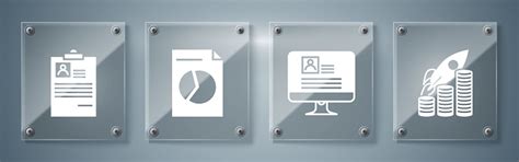 코인 성장 차트 이력서가 있는 컴퓨터 모니터 그래프 차트가 있는 문서 이력서가 있는 클립보드에 로켓을 설정합니다 정사각형 유리 패널 벡터 개념에 대한 스톡 벡터 아트 및