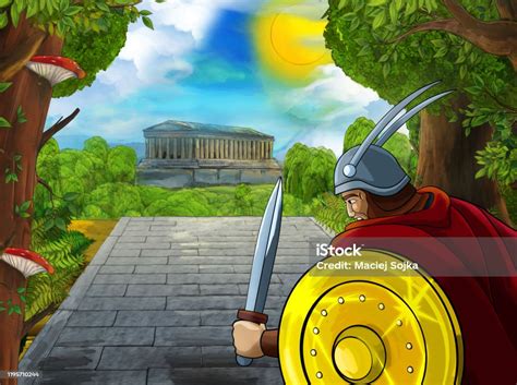 도시로 가는 길에 사원과 같은 고대 건물 근처의 로마 또는 그리스 고대 캐릭터가있는 만화 장면 건축에 대한 스톡 벡터 아트 및 기타 이미지 Istock