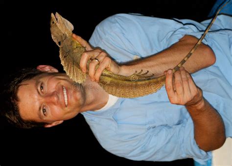 Man Holding Brown Basilisk Lizard Stock Photo Image Of Hood Christ