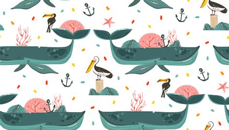 손으로 그린된 벡터 추상 만화 그래픽 여름 시간 해변 장면 바다 하단 그림 산호초 아름다움 큰 고래 Touan 및 펠리 칸 새 원활한 패턴 흰색 배경에 고립 펠리컨에 대한