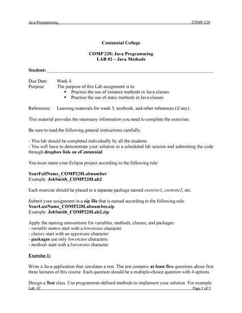 COMP228Lab2F2016 ASSIGNMENT JAVA Java Programming COMP Centennial