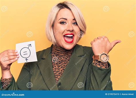 Blonde Plus Size Woman Asking For Sex Equality Holding Paper With Gender Equal Message Pointing