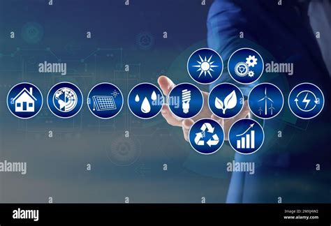 Energy Efficiency Concept Man Demonstrating Scheme With Icons Closeup Stock Photo Alamy