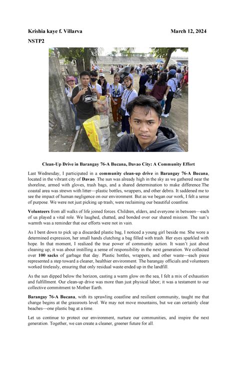 Krishia Kaye Okay Krishia Kaye F Villarva March 12 2024 Nstp Clean Up Drive In Barangay 76