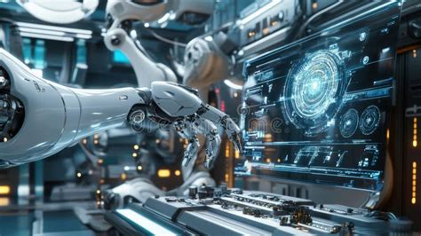 Robotic Arm Interacting With Futuristic Digital Interface Stock Illustration Illustration Of