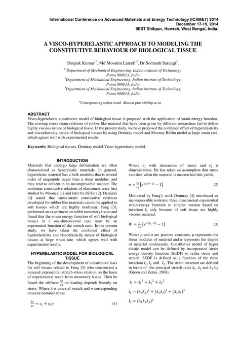 Pdf A Visco Hyperelastic Approach To Modeling The Constitutive Behaviour Of Biological Tissue