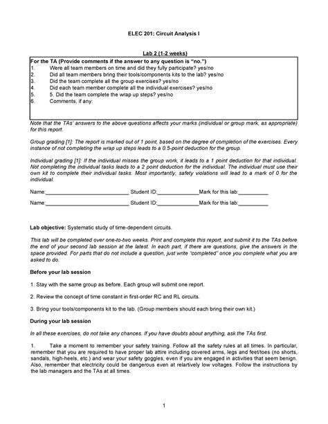 Lab Nd Lab For Elec ELEC Circuit Analysis I Lab Weeks For The TA