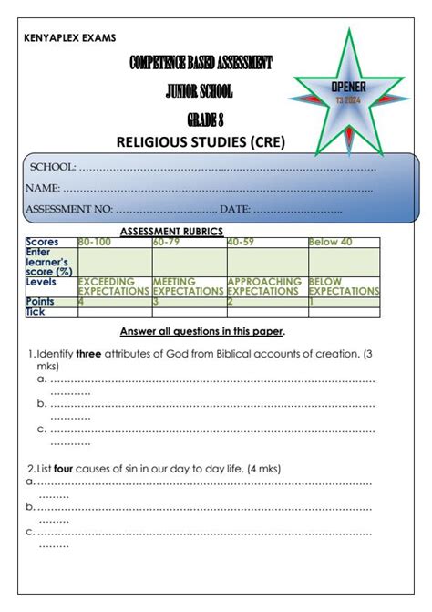 Grade 8 Cre Term 3 Opener Exam 2024 2907