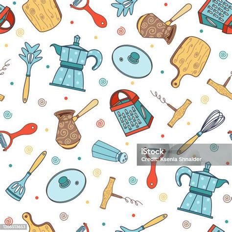 주방 도구 원활한 벡터 패턴 흰색 배경에 격리 된 손으로 그린 그림 요리 강판 커피 메이커 소금 셰이커 거품기 장식 디자인을위한 플랫 만화 템플릿 소금 쉐이커에 대한 스톡
