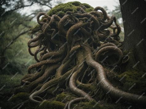 Premium Photo A Large Tree With A Bunch Of Twisted Branches On Its Trunk