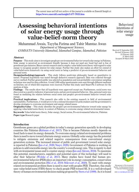 Pdf Assessing Behavioral Intentions Of Solar Energy Usage Through