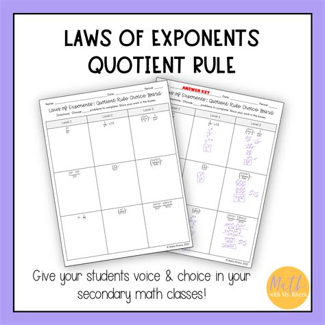 Exponent Rules Quotient Rule Worksheet Choice Board For Algebra 1 Exponent Rules Quotient Rule Worksheet Choice Board For Algebra 1