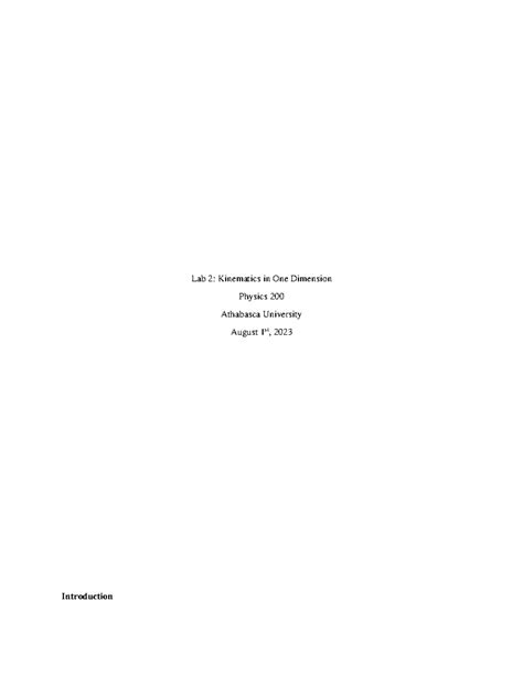 Lab 2 Kinematics Lab 2 Lab 2 Kinematics In One Dimension Physics 200 Athabasca University