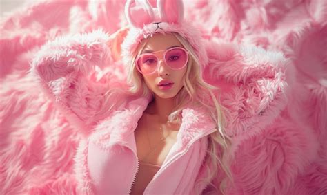Premium Photo Sexy Young Woman In Fur Bunny Costume On Fur Pink Background