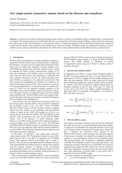 Pdf New Single Carrier Transceiver Scheme Based On The Discrete Sine