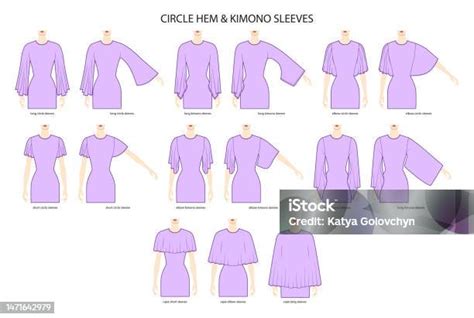 원형 옷 자 락과 기모노 소매 반바지 팔꿈치 34 및 긴 길이의 옷 기술 패션 일러스트 세트와 몸에 맞 춥니 다 플랫 의류