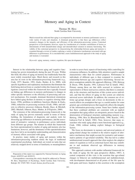 Pdf Memory And Aging In Context